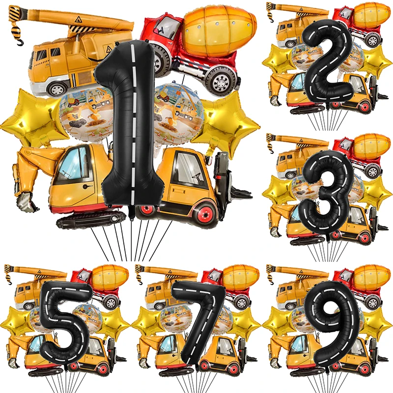 9pcs Construction Latex Birthday Balloons Set 40Inch Black Number Foil ...