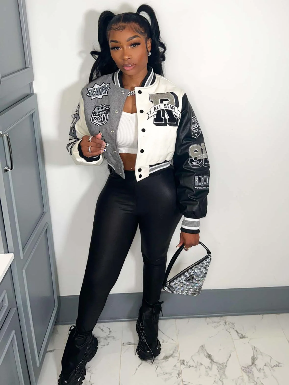 Varsity Jacket for Women 2023 Fall Winter Print Patchwork Long Sleeve Buttons Streetwear Racing ...