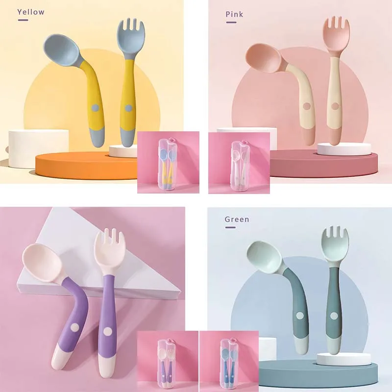 Baby-Learn-To-Eat-Tableware-360-Degrees-Twist-Fork-Spoon-Silicone-Soft ...