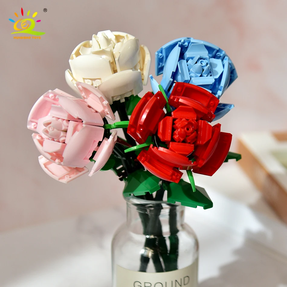 Huiqibao Red Rose Moc Flowers Model Building Blocks City Bouquet Girls ...