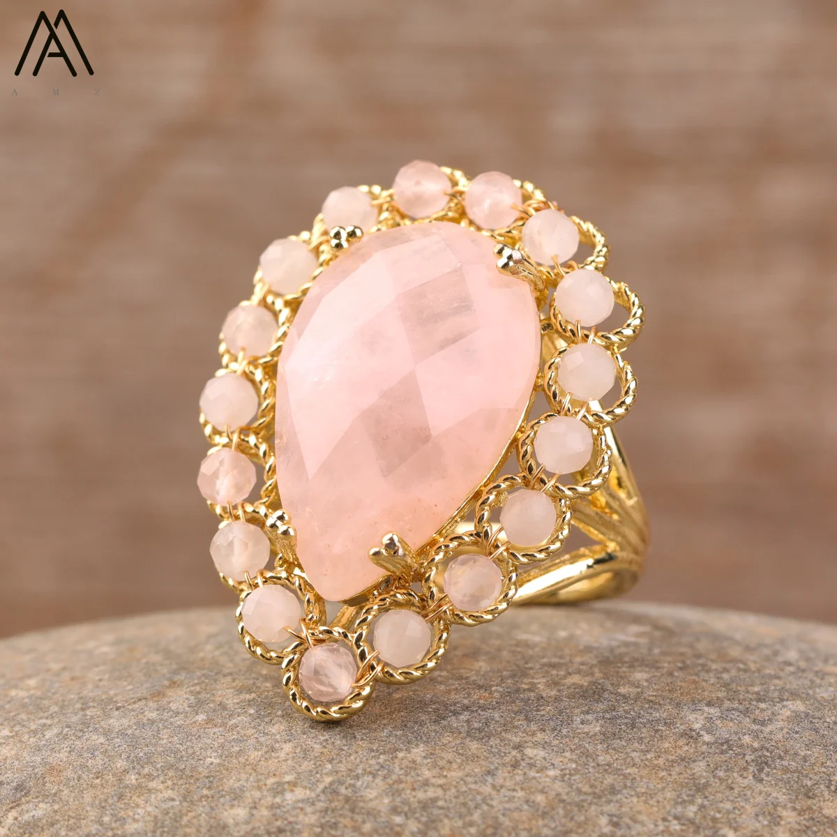 Luxury-Teardrop-Rose-Quartz-Finger-Rings-Women-Tiny-Gemstone-Beads ...