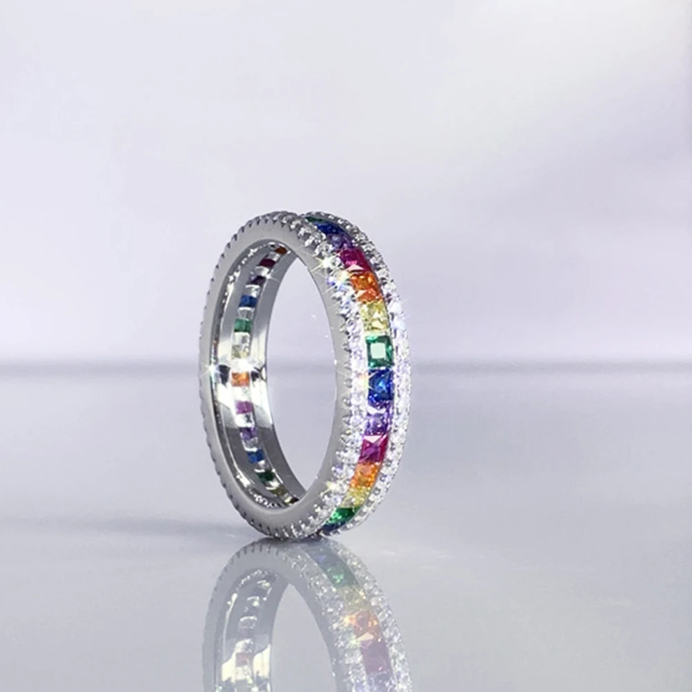 WPB S925 Sterling Silver Rings Zircon Fancy Color Diamond Rainbow Ring ...