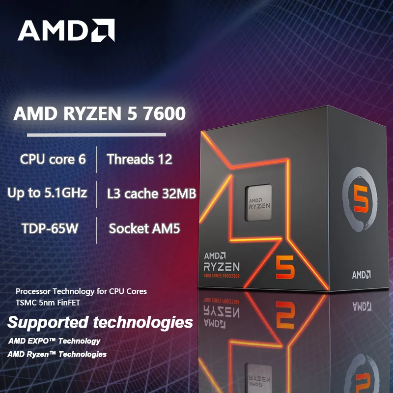 AMD Ryzen 5 7600 R5 7600 3.8 GHz 6 코어 12 스레드 CPU 프로세서, 5NM L3 = 32M 100 ...
