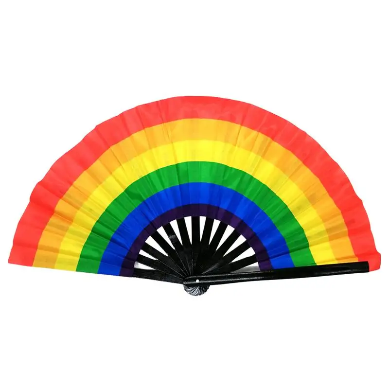 Large-Folding-Hand-Fan-Bling-Bling-Hand-Rave-Fan-Rainbow-Print-Bamboo ...