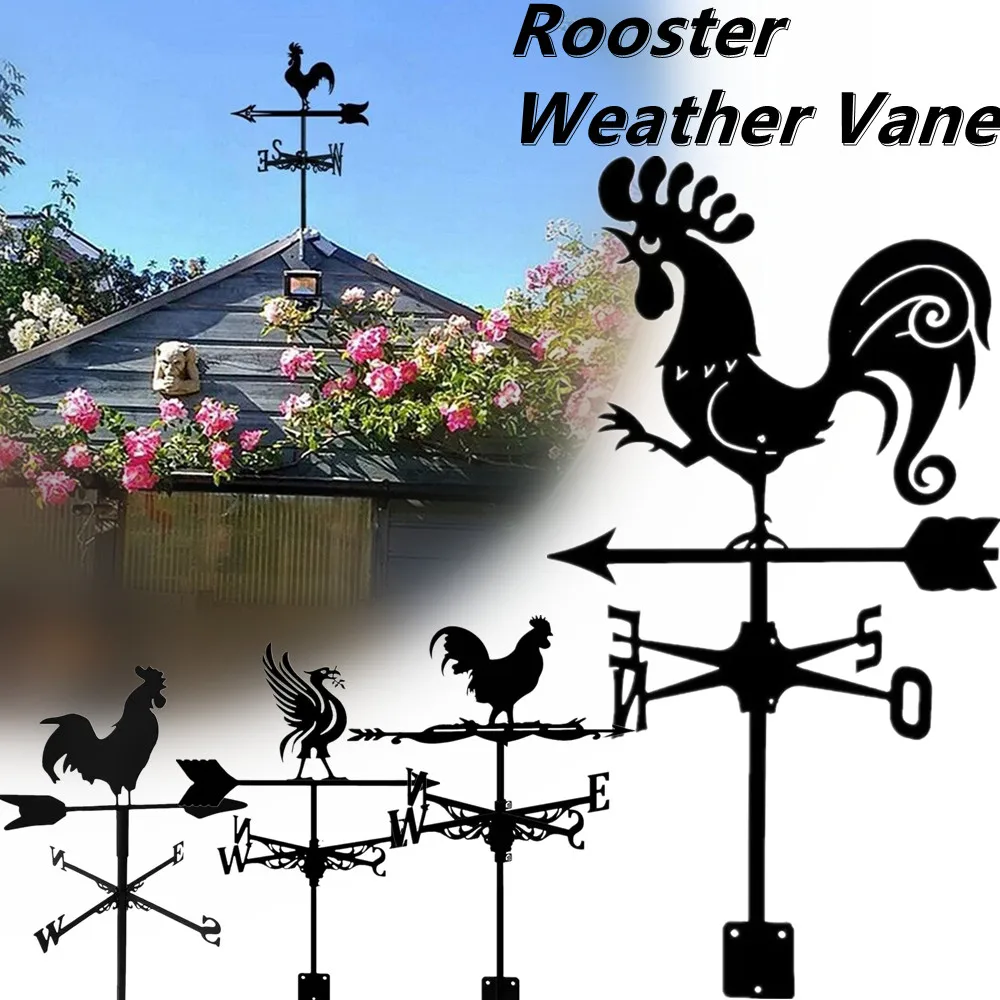 Black-Metal-Cock-Weather-Vane-Stainless-Steel-Wind-Indicator-Rooster ...