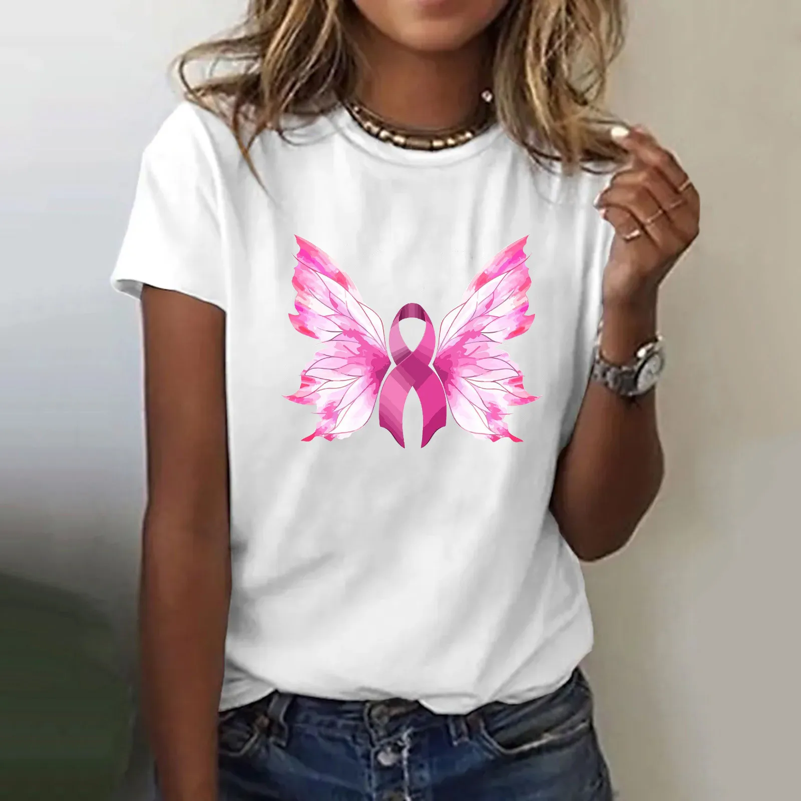 Fashion-Butterfly-Pink-Ribbon-Tees-Print-Breast-Cancer-Awareness ...