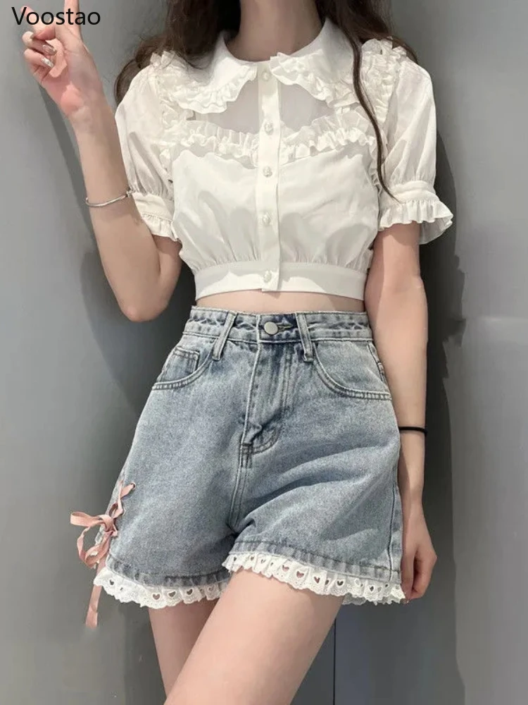 Sweet Denim Shorts Summer Women Casual Lace Bow Bandage Short Pants ...