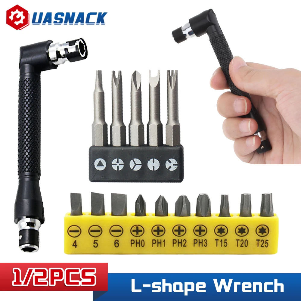 Screwdriver and Bit Set L Shaped 1/4 Inch Hex Socket Wrench Double Head Handle Inner Cross New ...