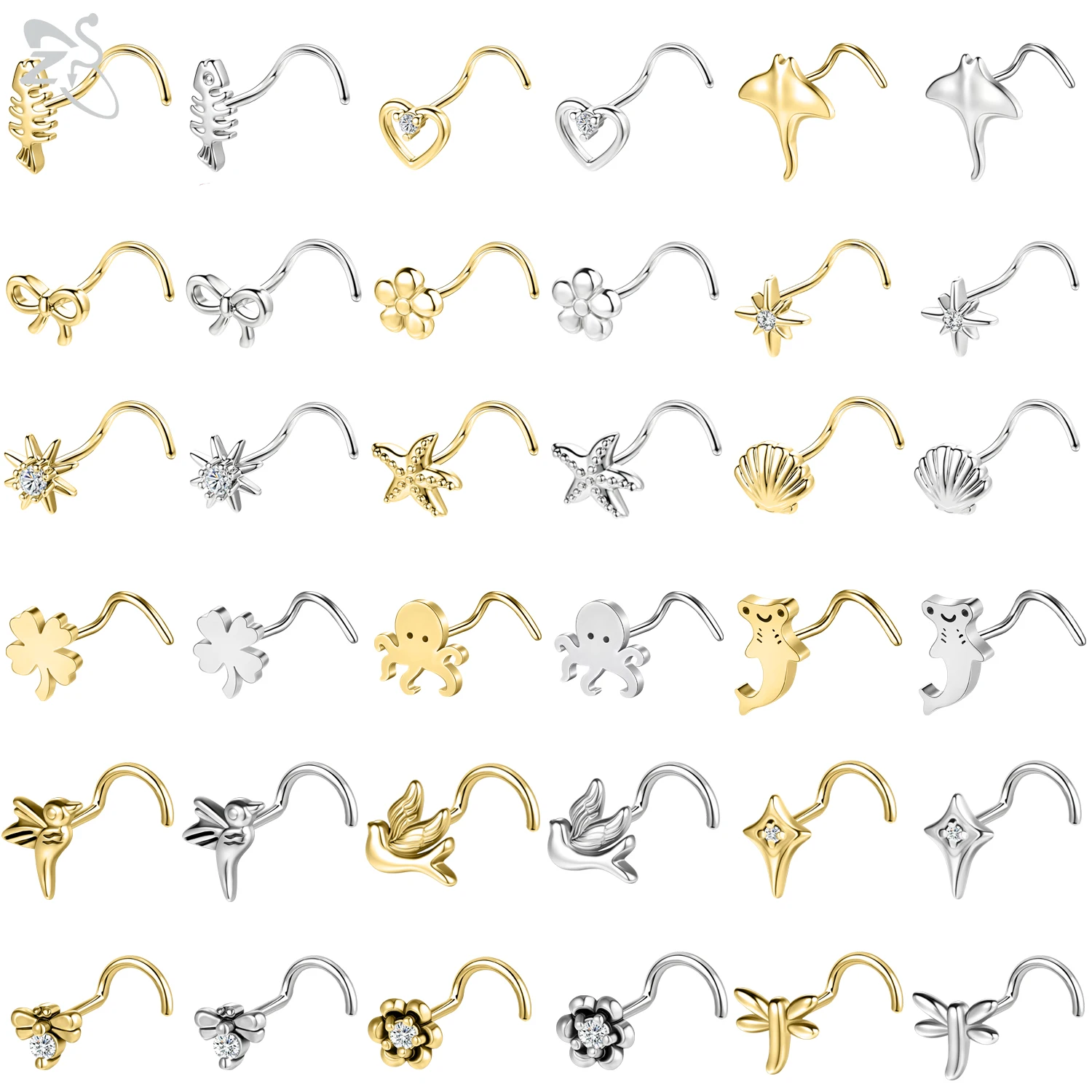 ZS 1PC Gold Color 316L Stainless Steel Nose Stud Bow Tie Octopus Clover ...