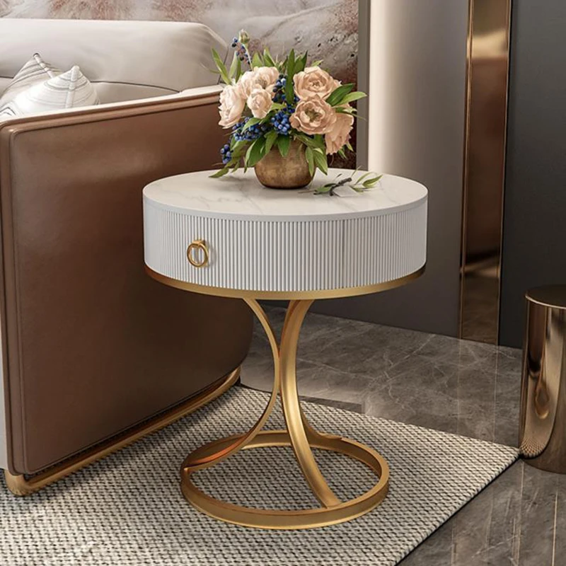 Marble Top Sofa Side Ribbed Round accent Tables with drawer storage. Small end tables. White top ...