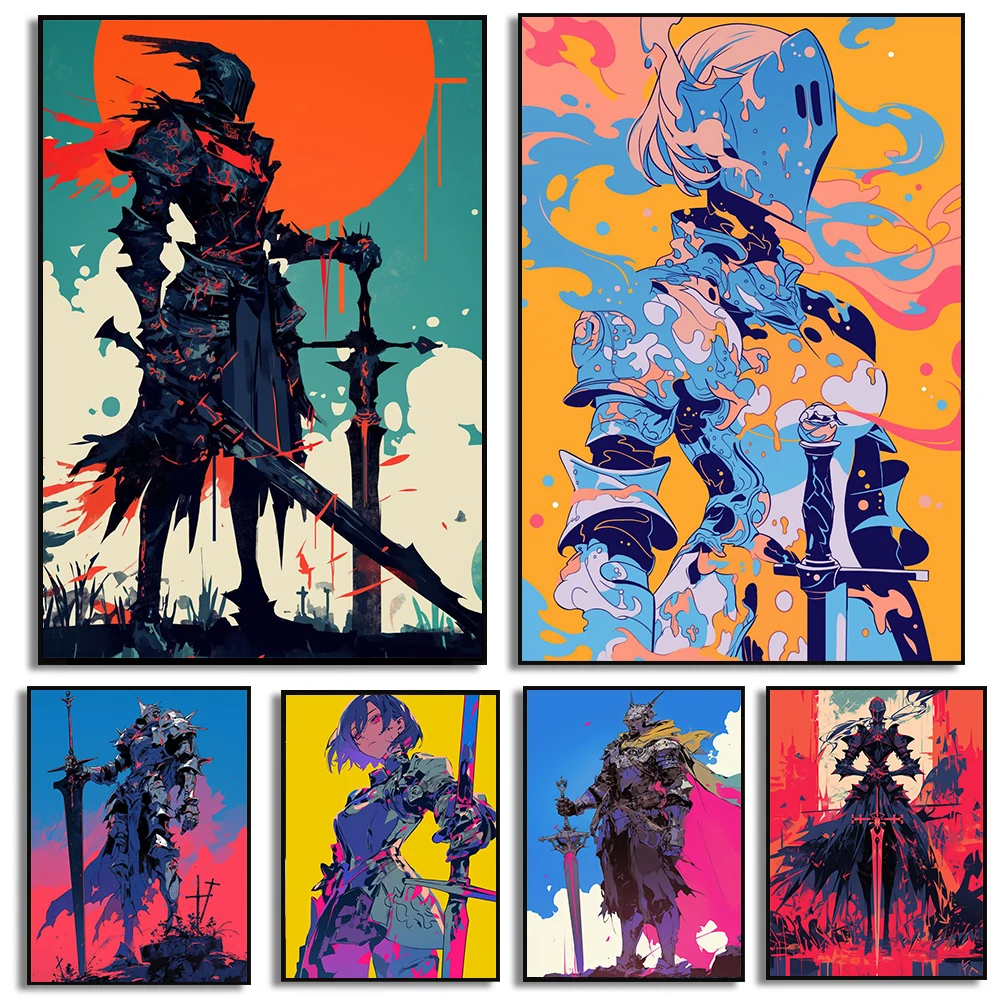 Anime-Style-Knight-Posters-Armor-Knight-Colorful-Anime-Prints-Canvas ...