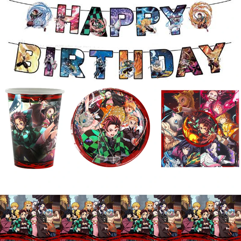 56pcs/lot Demon Slayer Theme Hanging Banner Tablecloth Happy Birthday ...