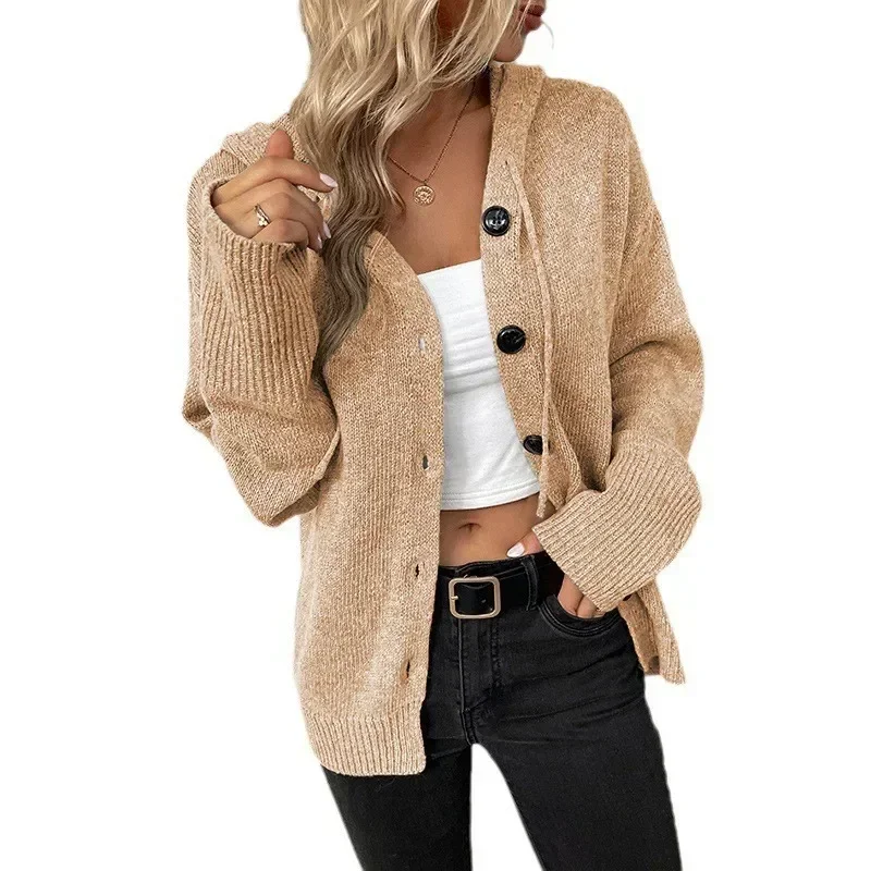 2024-New-Drawstring-Knitted-Cardigan-Coat-Women-s-Solid-Color-Hooded ...