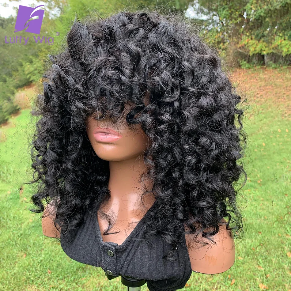 Fringe Bangs Bouncy Curly Full Machine Made Wig Soft Black Big Curly ...