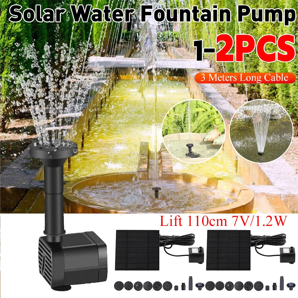 1-2PCS-Solar-Powered-Fountain-Water-Pump-200L-h-6-Nozzles-Lift-110cm ...