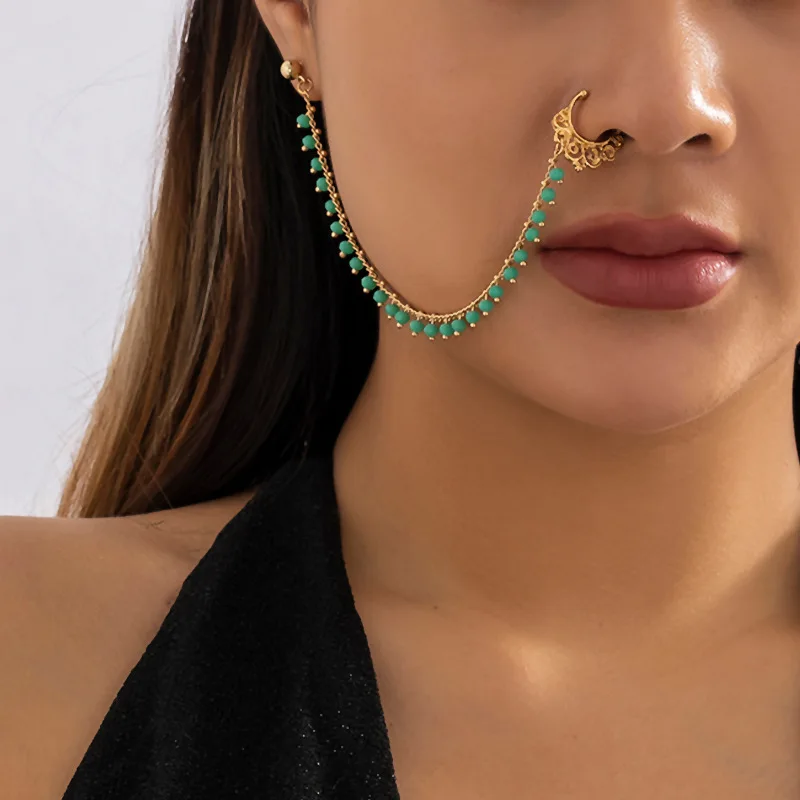 Indian Nose Chain Women Boho Ethnic Black Blue Beads Non Piercing ...