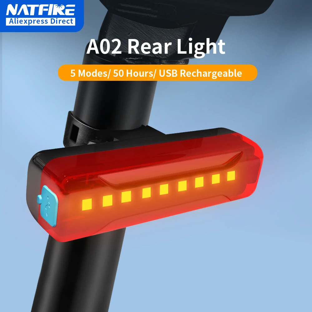 NATFIRE-자전거 후면 조명 5 가지 라이트 모드, USB 충전식 LED 미등, 사이클링 헬멧 안전 경고 LED 산악 테일 램프