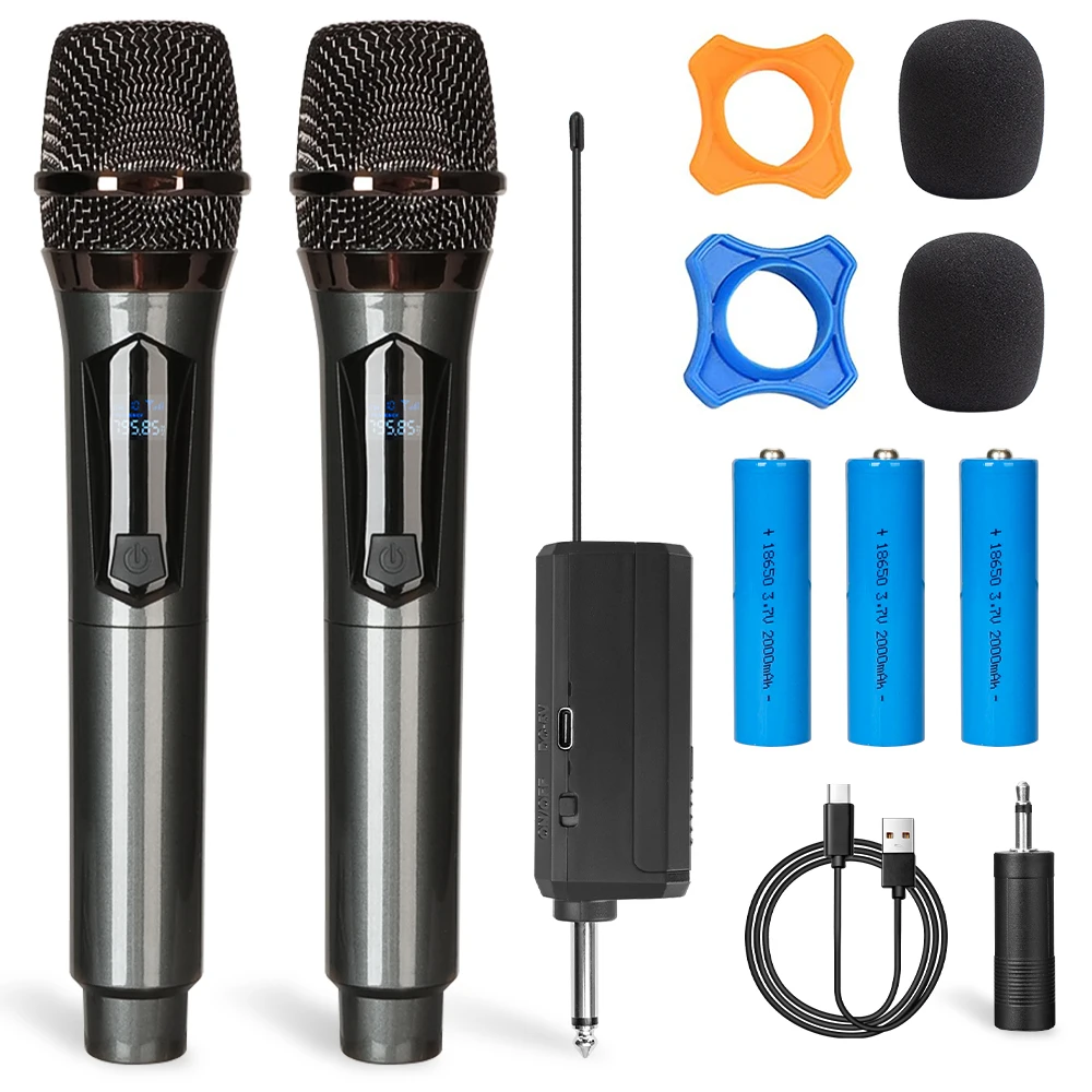 Wireless-Microphone-2-Channels-UHF-Dual-Handheld-Dynamic-Microphone-with-2000mah-Rechargeable ...
