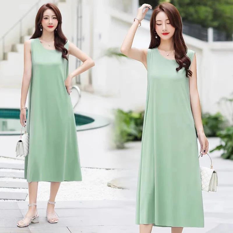 Summer-New-Ice-Silk-Rib-Solid-Color-Dress-Women-Casual-Loose-Elastic ...