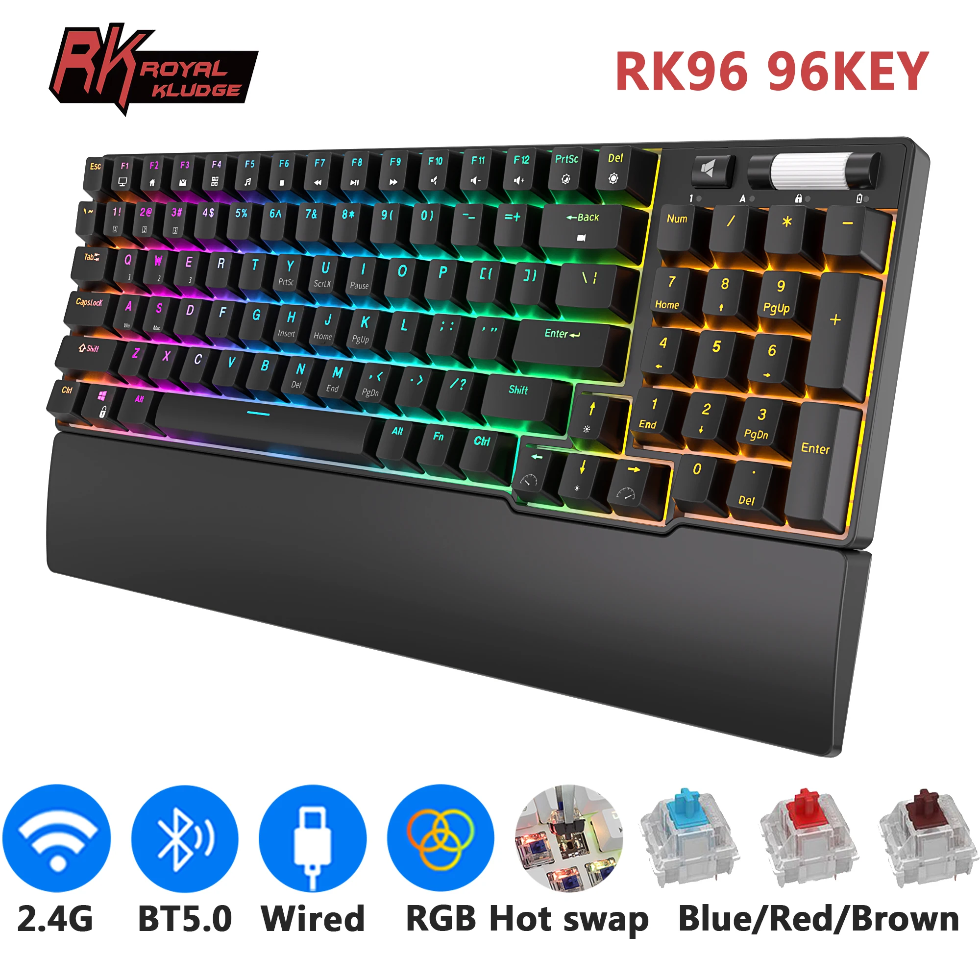 RK ROYAL KLUDGE RK96 Wireless Bluetooth Mechanical Keyboard 96 Keys RGB ...