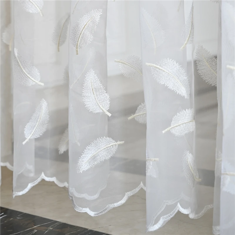French Romantic White Feather Embroidered Sheer Curtain Elegant ...
