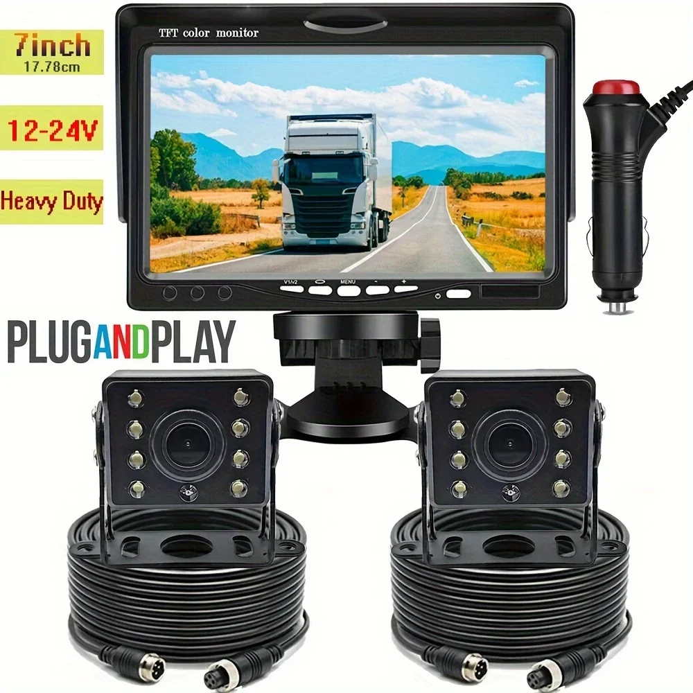 7inch Monitor 2x Backup Camera 12-24V 18LED IR Rear/Front/Left/Right ...