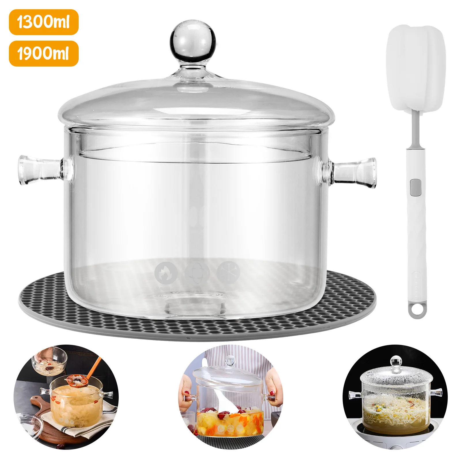 1300/1900ml Clear Cooking Pot Non Stick Glass Simmer Pot Heat Resistant ...