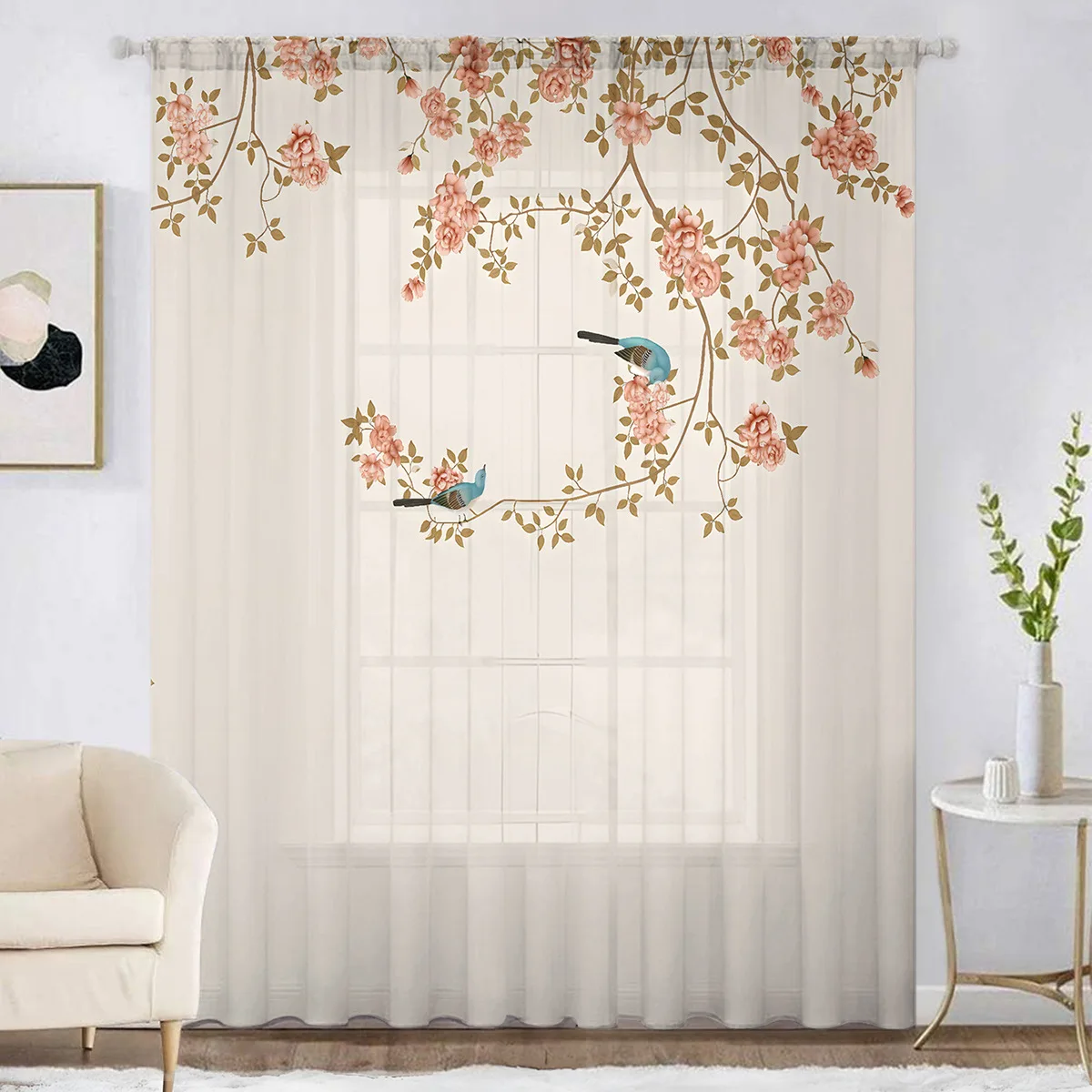 Flower Bird Sheer Chinese Style Curtains for Living Room Bedroom ...