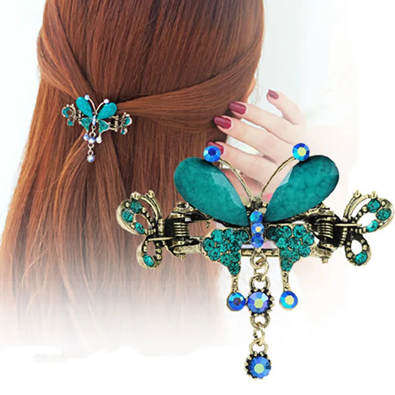 Elegant Crystal Hair Clip Turquoise Butterfly Flower Hair Crab Clips ...