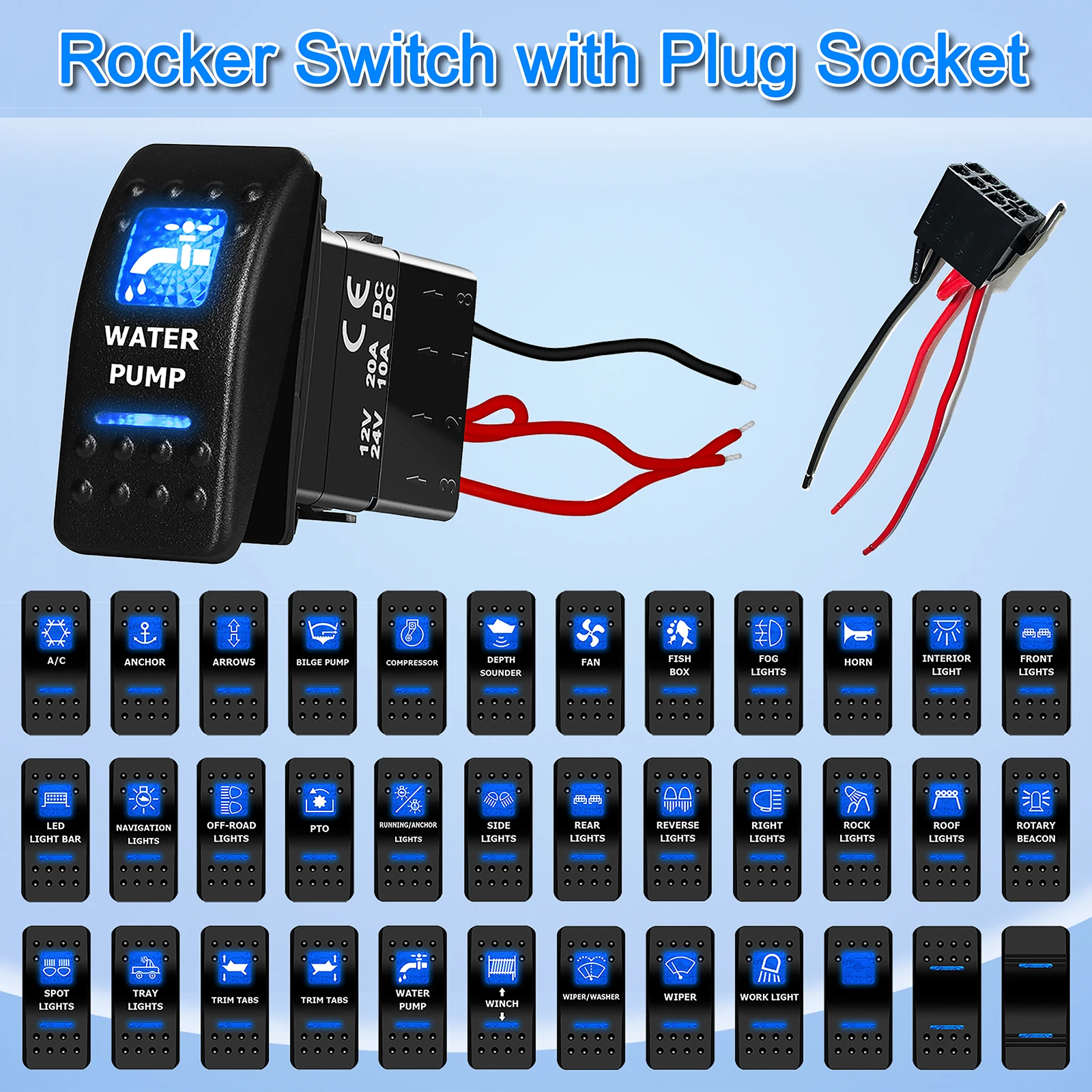 BANDC Blue Led Water Pump Rocker Switch with Plug Socket 5Pins / 7Pins ...
