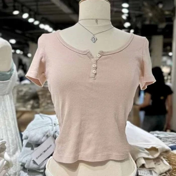 Sweet Pink Buttons Short Sleeve Tee Female New Cotton Soft Casual O ...