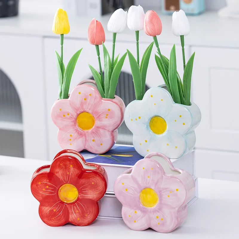 Flower Pen Holder Ceramic Desktop Decoration Cute Girl Desk Office ...