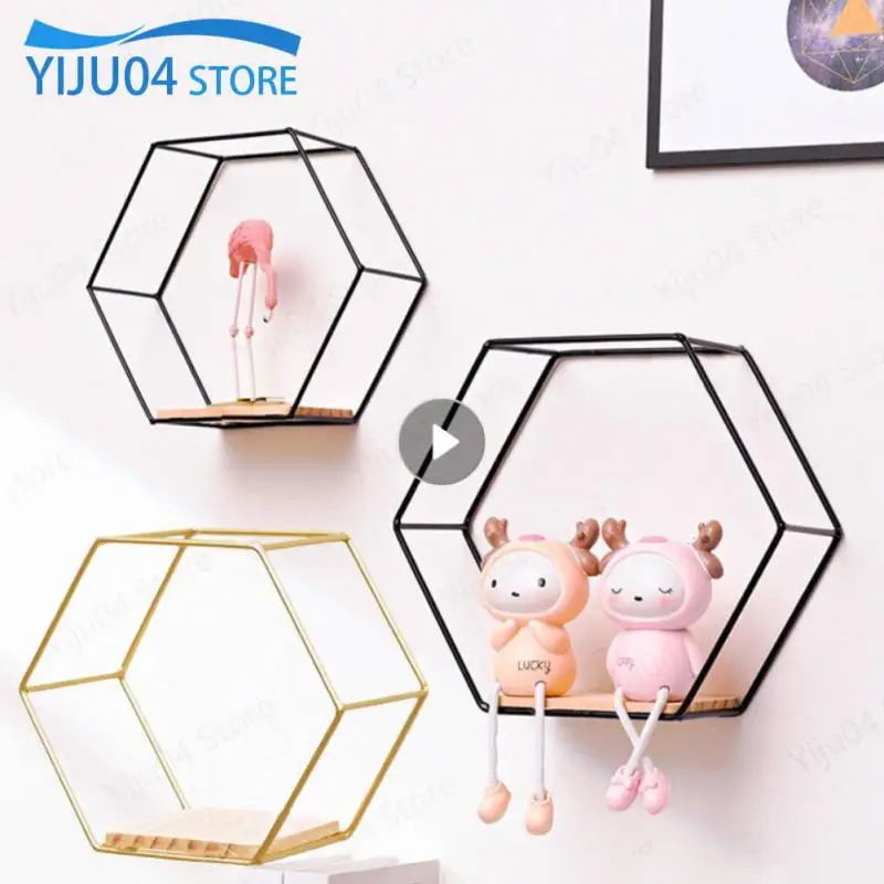 Wall Mounted Holders Shelves Gold Black Floating Hexagon Wooden Floor ...