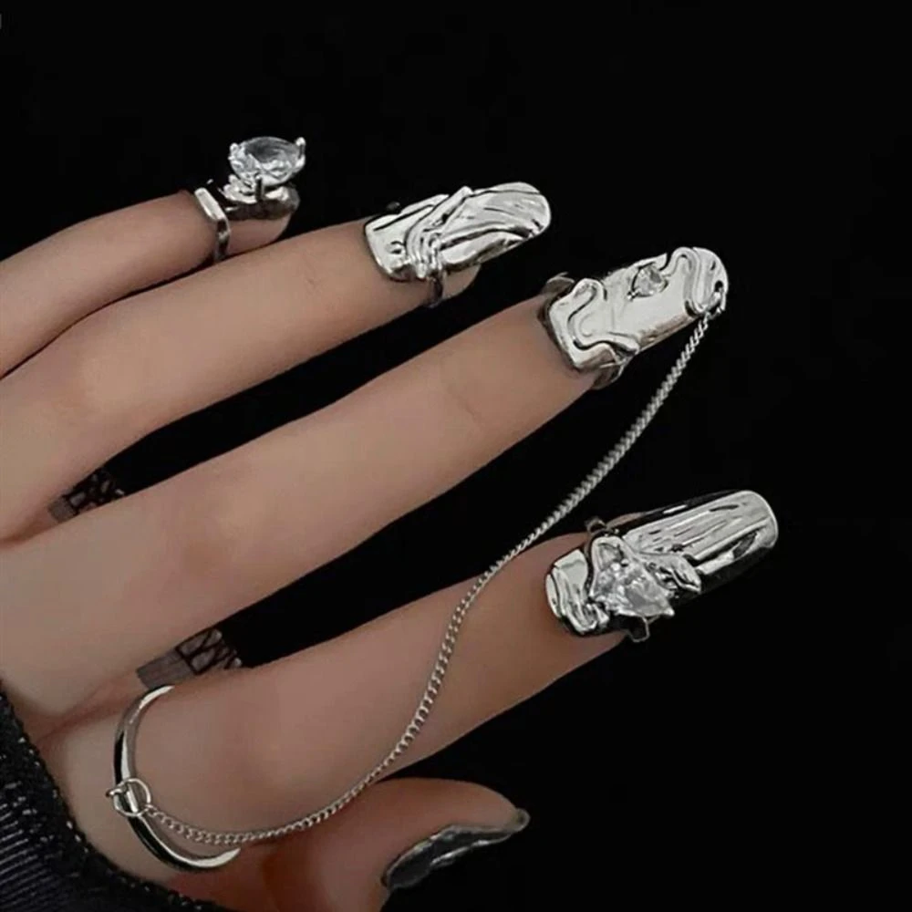 Statement Party Silver Color Fashion Finger Nail Rings Nail Cover For ...