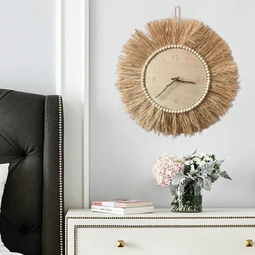 Hand-Woven-Raffia-Straw-Silent-Wall-Clock-Rustic-Non-Ticking-Wood-Hand ...