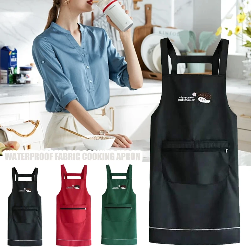 Kitchen-Waterproof-Apron-With-Zipper-Pockets-Fabric-Cooking-Apron-With ...