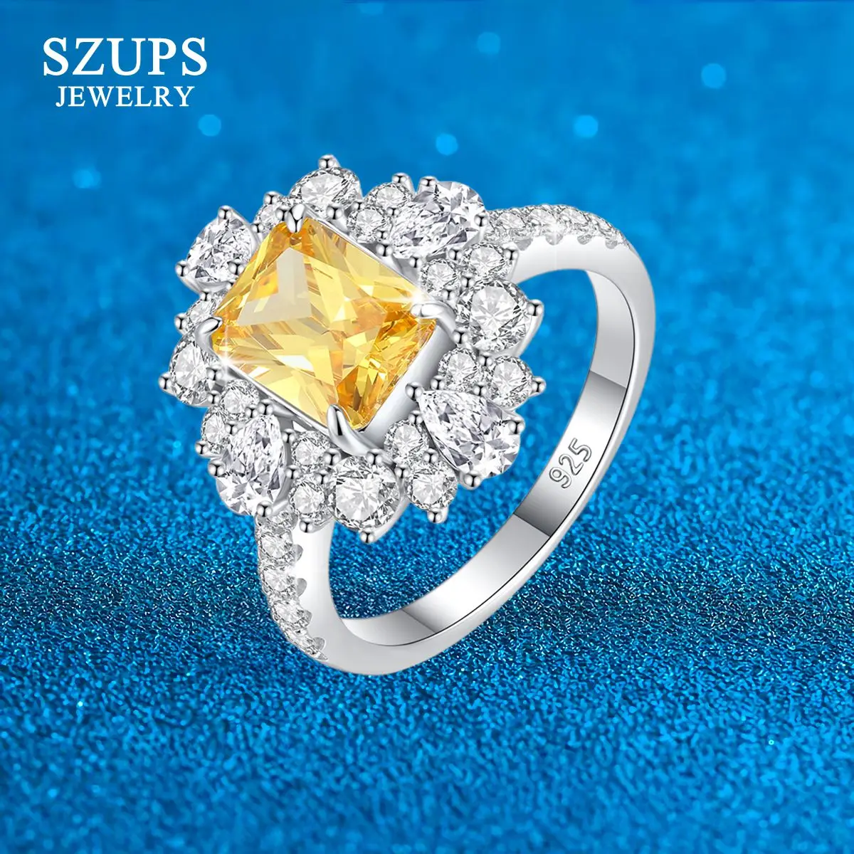 Luxury Emerald Cut Yellow Crystal Ring 925 Sterling Silver 3ct ...