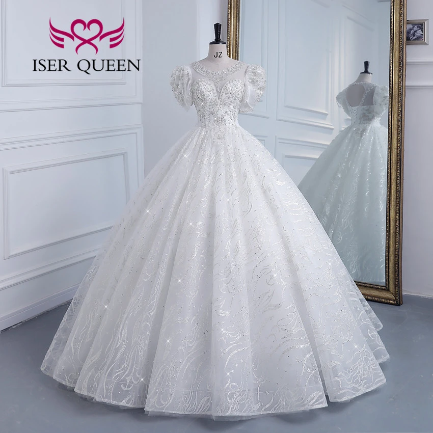 فستان زفاف الأميرة ذو أكمام كبيرة مطرز باللؤلؤ الثقيل مطرز بالخرز من ...