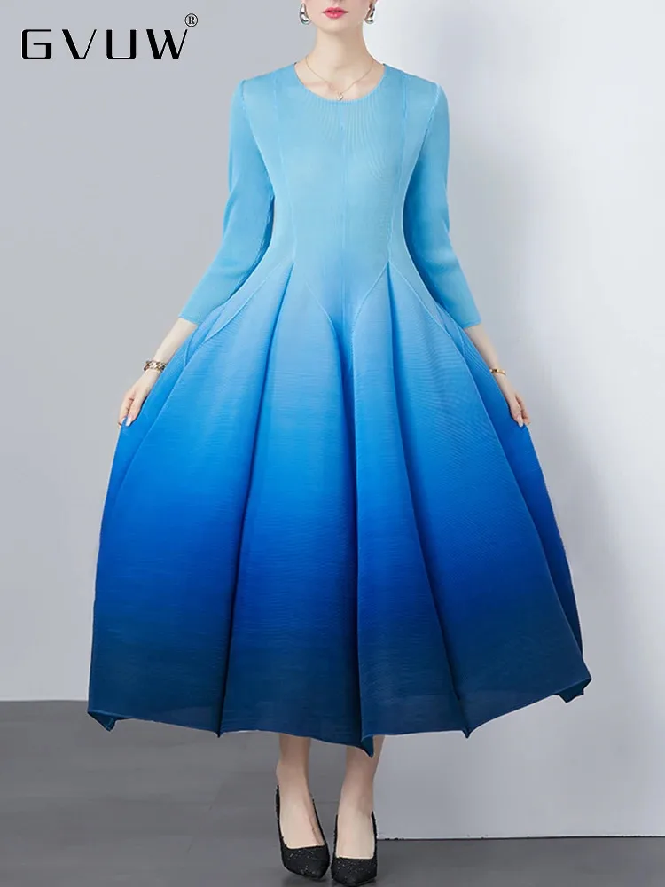 GVUW-Fashion-Pleated-Gradient-Color-Dress-Women-A-Line-Round-Collar ...