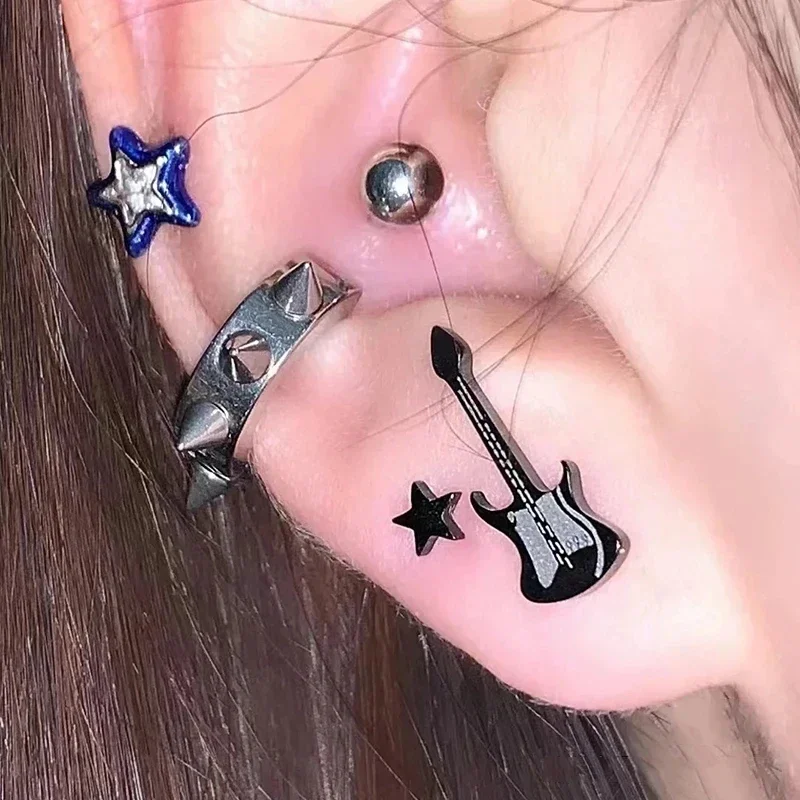 Gothic-Black-Titanium-Steel-Guitar-Star-Asymmetric-Creative-Stud ...