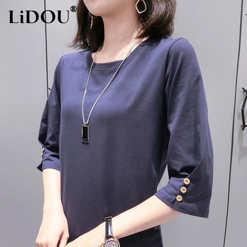 Spring Summer O Neck Simple Cotton Loose Casual Pullover Top Women ...