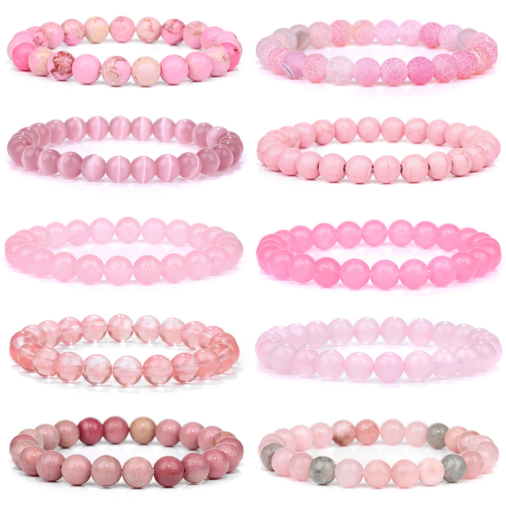 Pink Stone Bracelets 8mm Round Beaded Bracelets Rose Pink Quartzs Cat ...