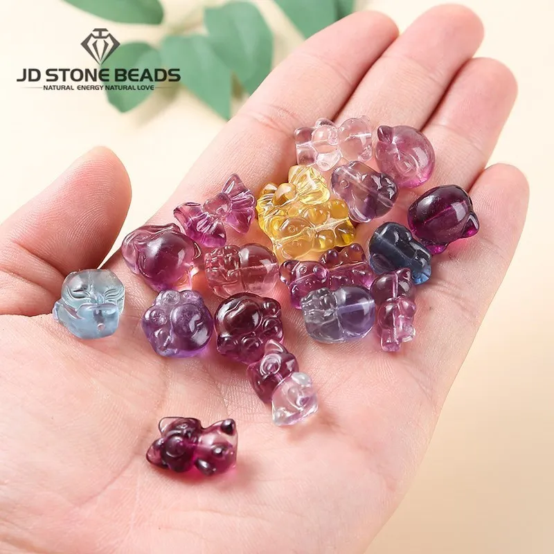 1 Pcs Natural Fluorite Crystal Stone Cute Animals Shape Beads Fox Pixiu ...