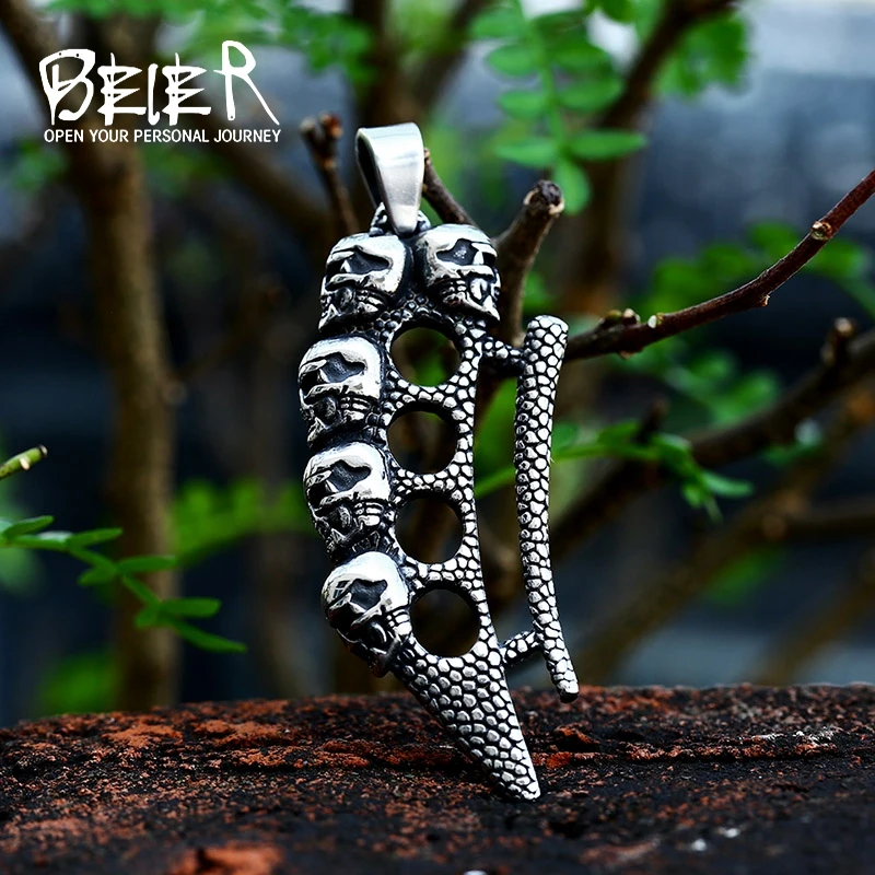 Cool Heavy Bicycle Chain Skull Brass knuckles Pendant Stainless Steel ...