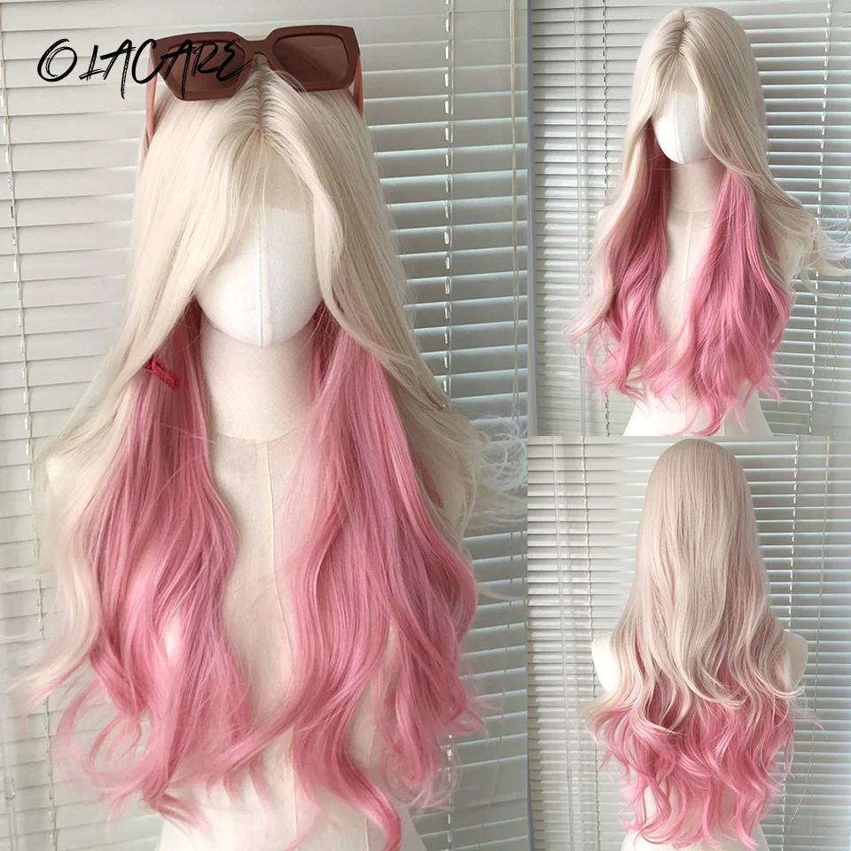 OLACARE-Curly-Long-Wavy-Pink-Blonde-Highlights-Synthetic-Hybrid-Wig ...
