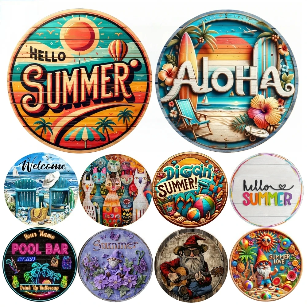 Round Metal Aluminum Sign Art Summer Wreath Decorative Plates Entrance ...