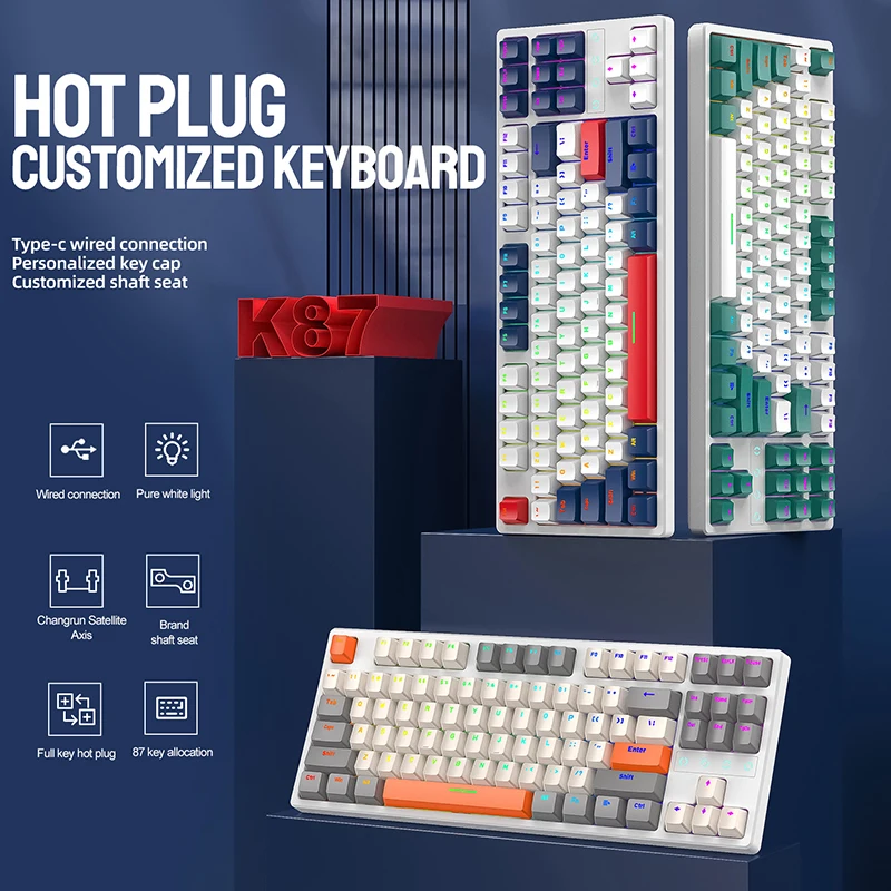 K87 Wired Mechanical Keyboard 87 Key Hot Swappable Switch RGB/White ...