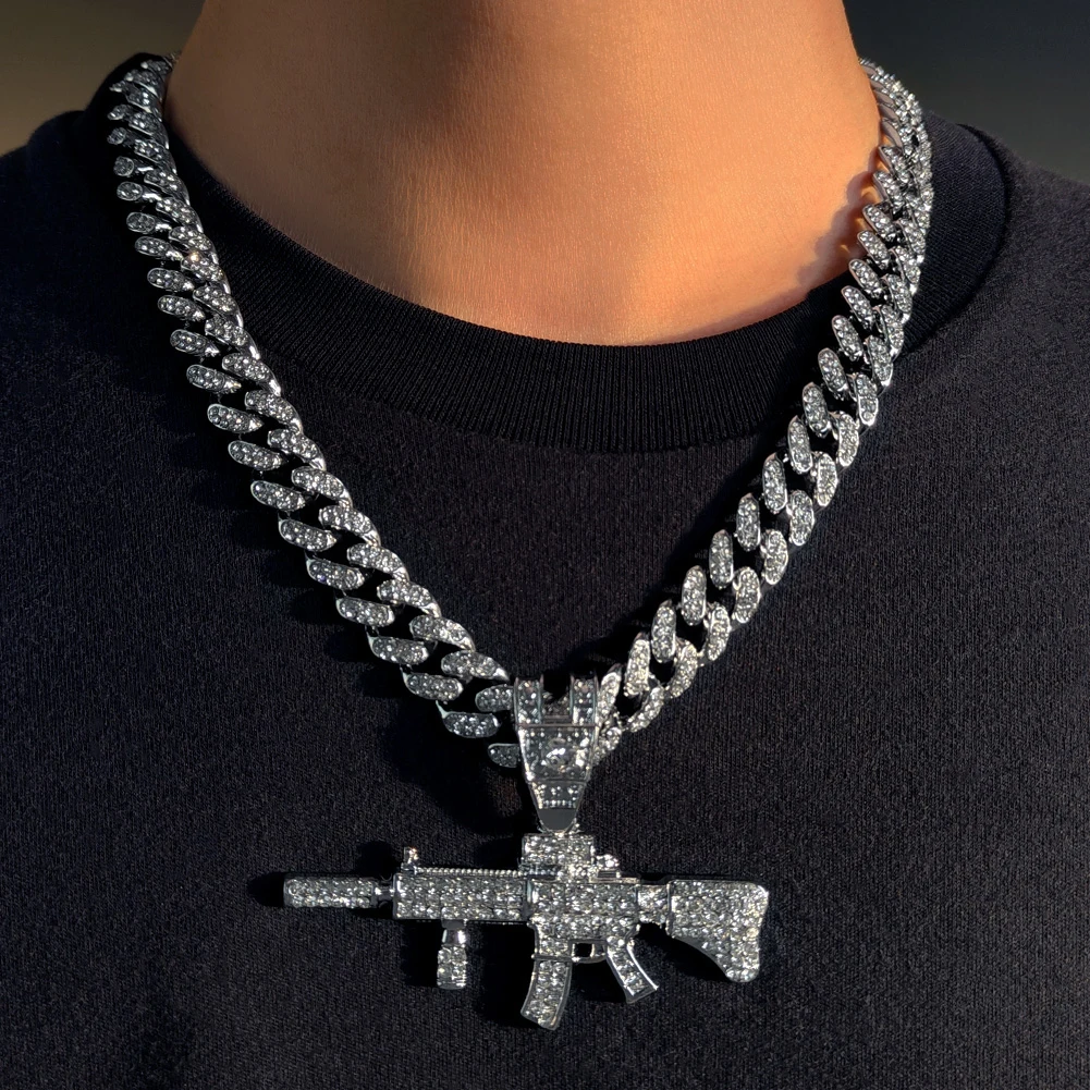 Iced Out Miami Cuban Chain Ak47 Gun Necklace For Men Hip Hop Rhinestone ...