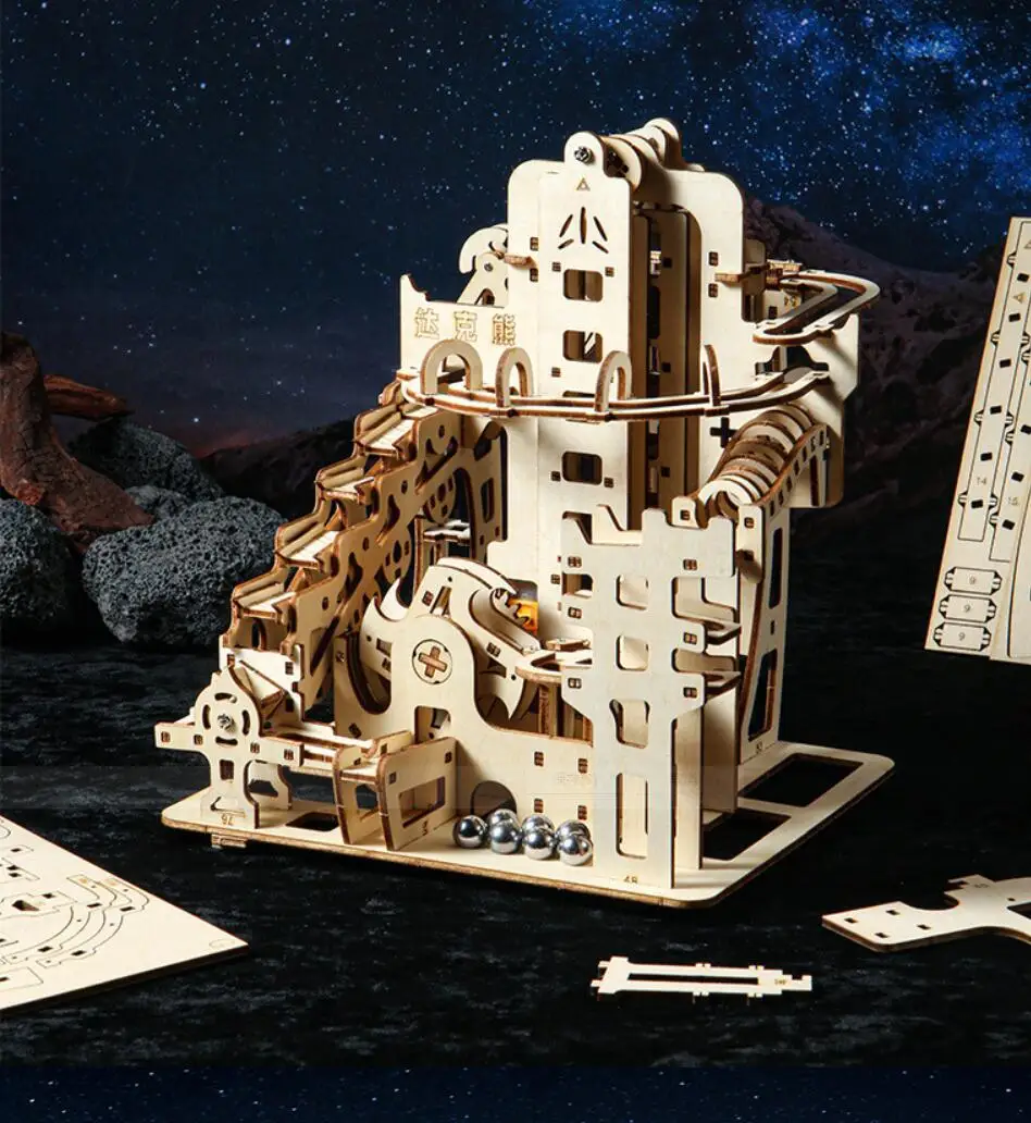 OUZEY 3D Wooden Marble Run - Electric Launcher Mechanical Model, STEM ...