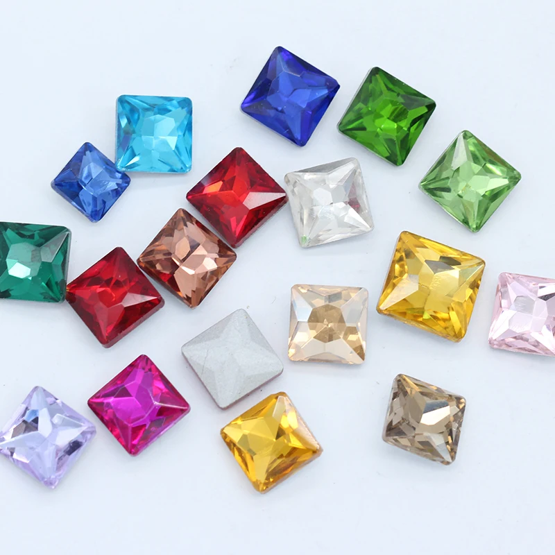 50p 8mm Square Color Faceted Glass Fancy Stone Pointed Foiled Back ...